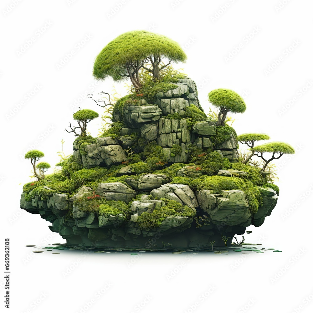 Flying land with beautiful landscape, green grass and waterfalls ...