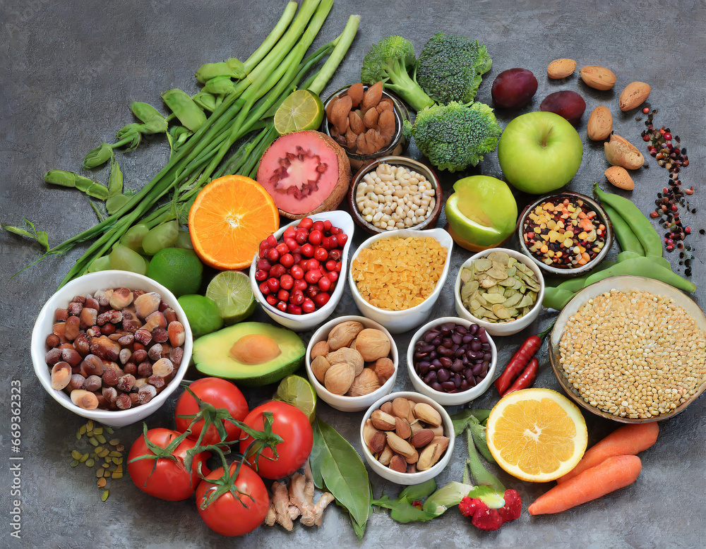 food for fitness concept with fruit, vegetables, pulses, herbs, spices ...