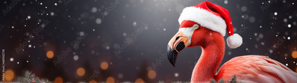 Banner with cute pink flamingo in red santa claus hat. New year ...