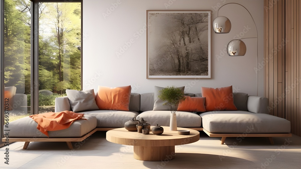 an empty arched room with a couch and a plant, in the style of soft ...