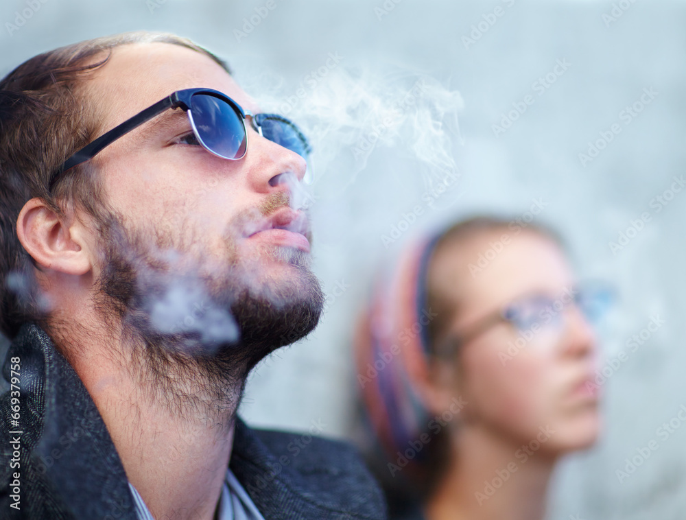 Face, man and woman smoking outdoor with sunglasses for experience ...