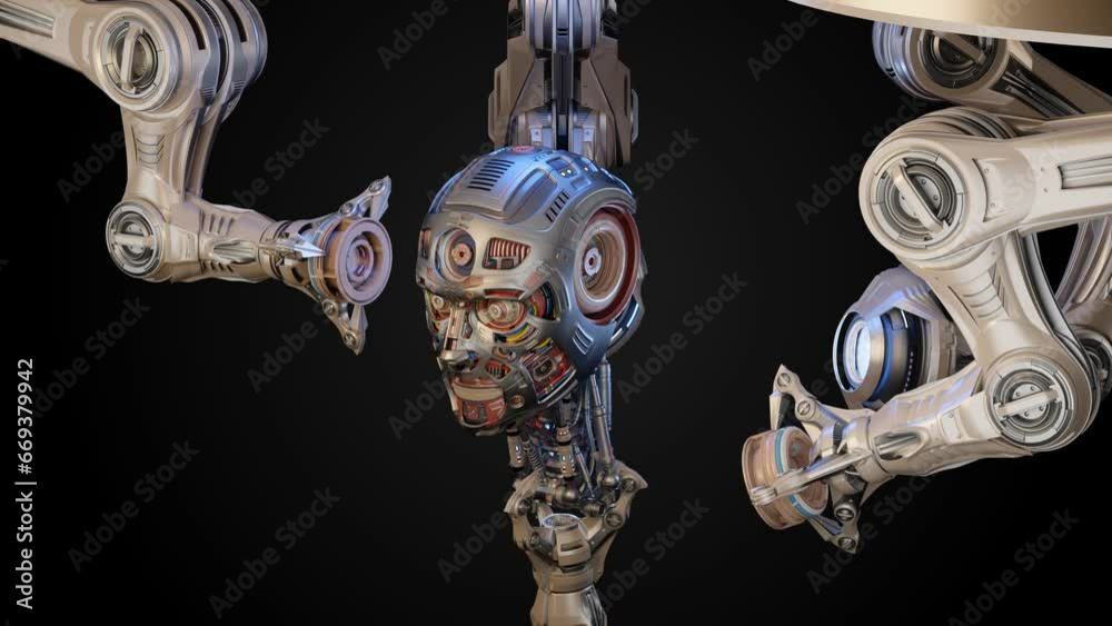 Futuristic robot head or humanoid face under construction by mechanical ...