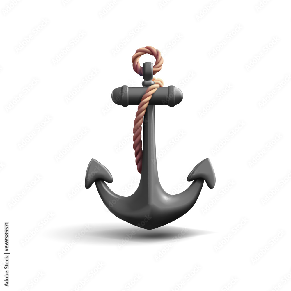 Realistic render black 3d anchor with beige rope, cartoon style render ...