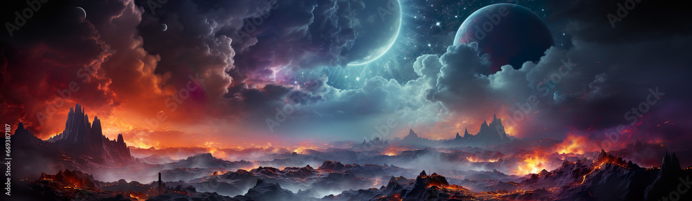 Volcanic Surface Of The Cosmic Planet And Its Atmosphere. Illustration ...