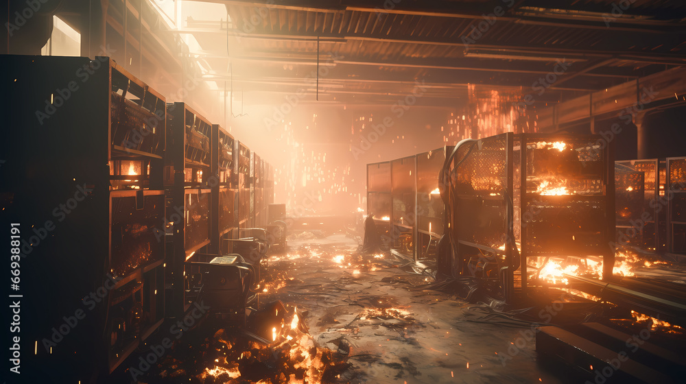 Foto de Burning server room or mining farm. Data center supercomputer ...