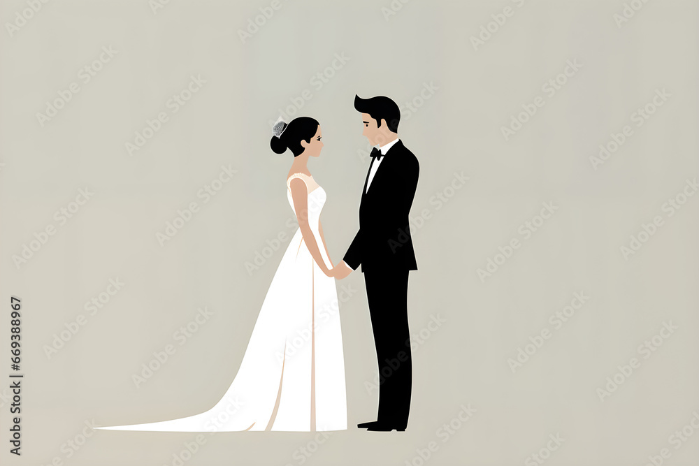 simple minimalist illustration of happy bride and groom holding hands ...