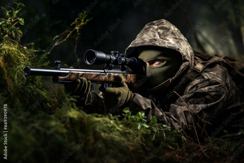Man wearing camouflage and aiming with hunting rifle in forest. Outdoor ...
