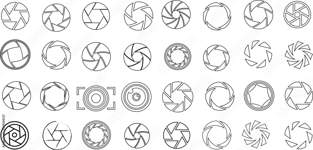 Camera shutter vector illustrations, black and white unique designs set. the set of Camera ...