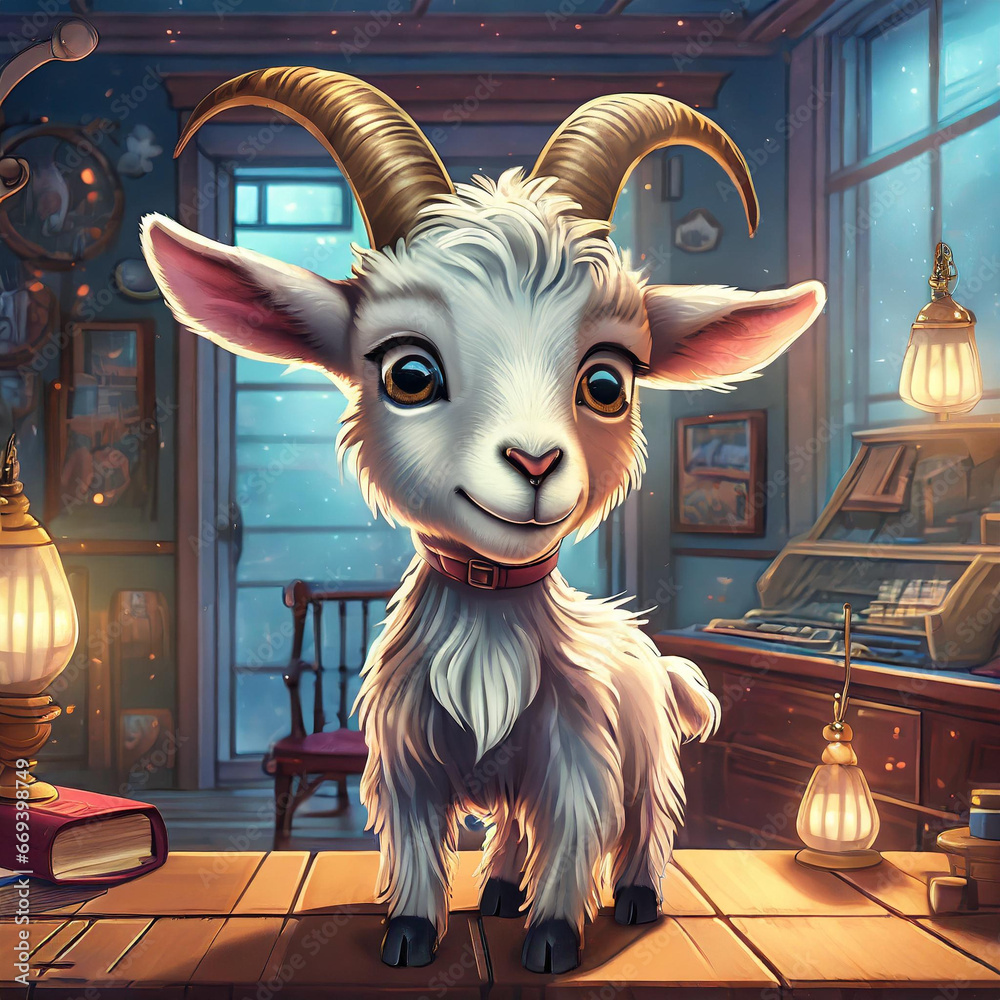 Cute adorable little goat, unreal engine, cozy interior lighting, art ...