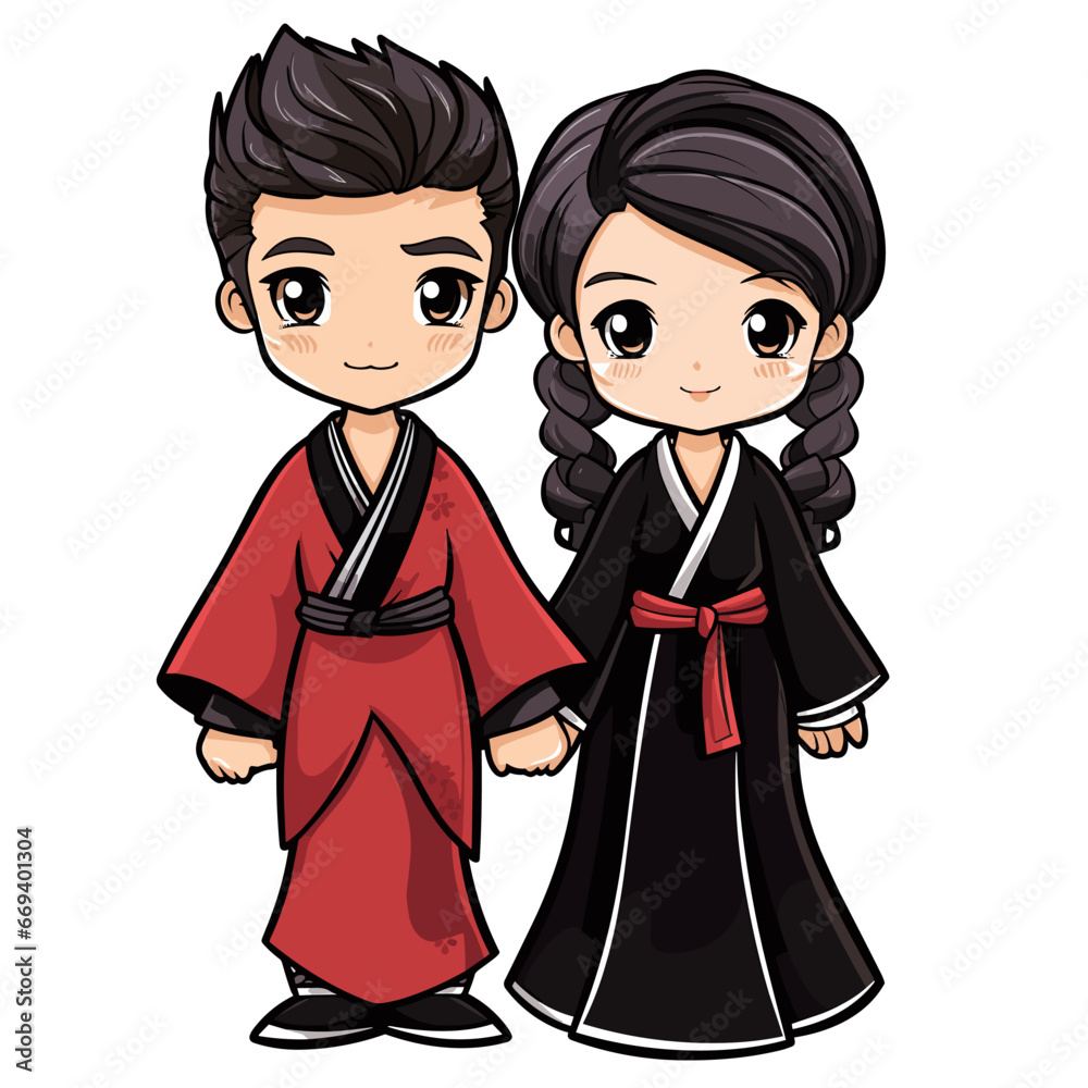 Japanese couple hand-drawn comic illustration. Japanese couple. Vector ...