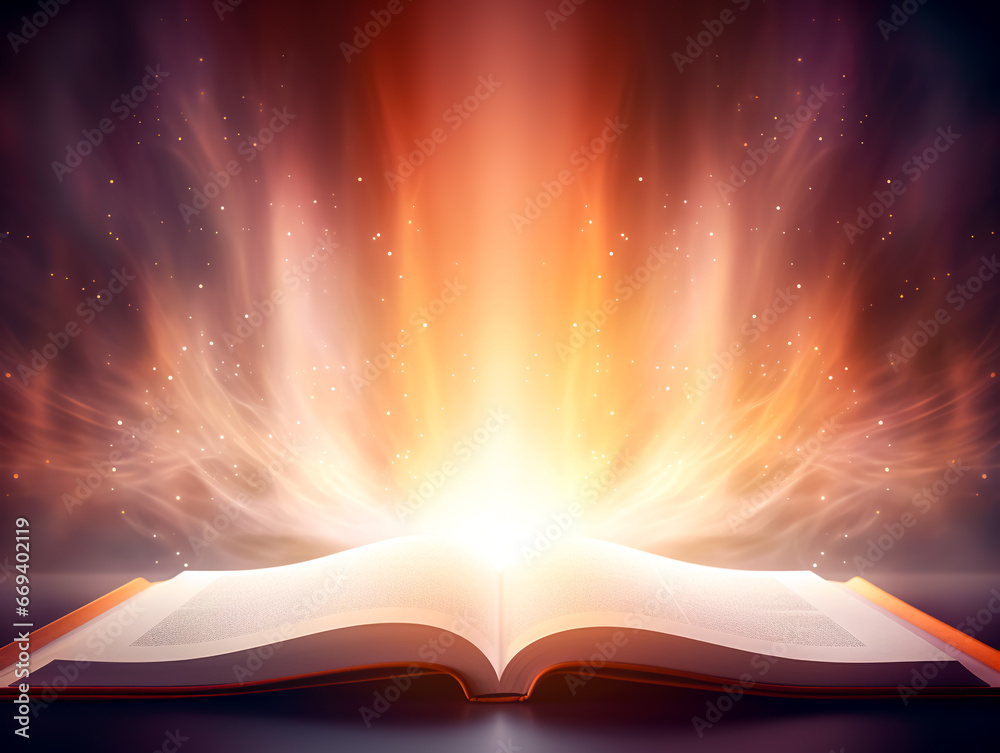 Bright lighting coming out of book, knowledge is power, read more ...