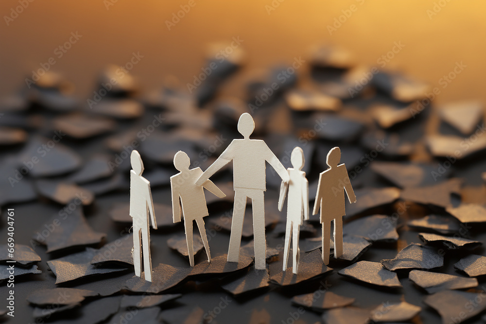 Paper people, family standing on scraps of black paper. Concept image ...