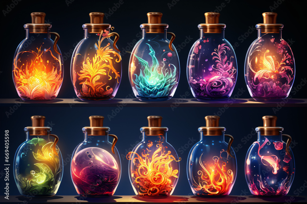 Potion bottles with magic elixir and tags, cartoon glass flasks with ...