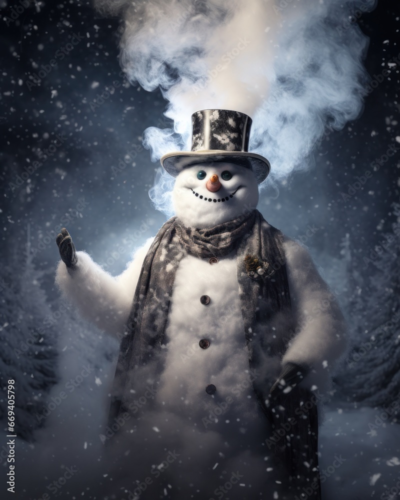 A winter wanderer, the snowman stood tall amidst the snowy forest ...