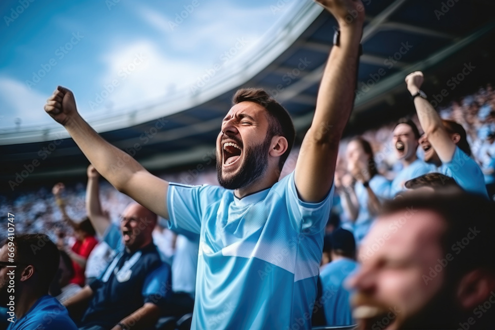 People fans in sky blue shirts sitting in fan zone watching and ...