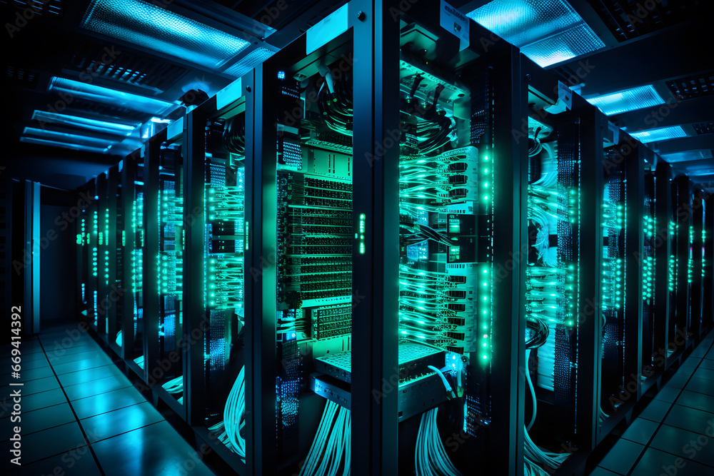 Server room with server racks and wires. Server uptime concept and ...