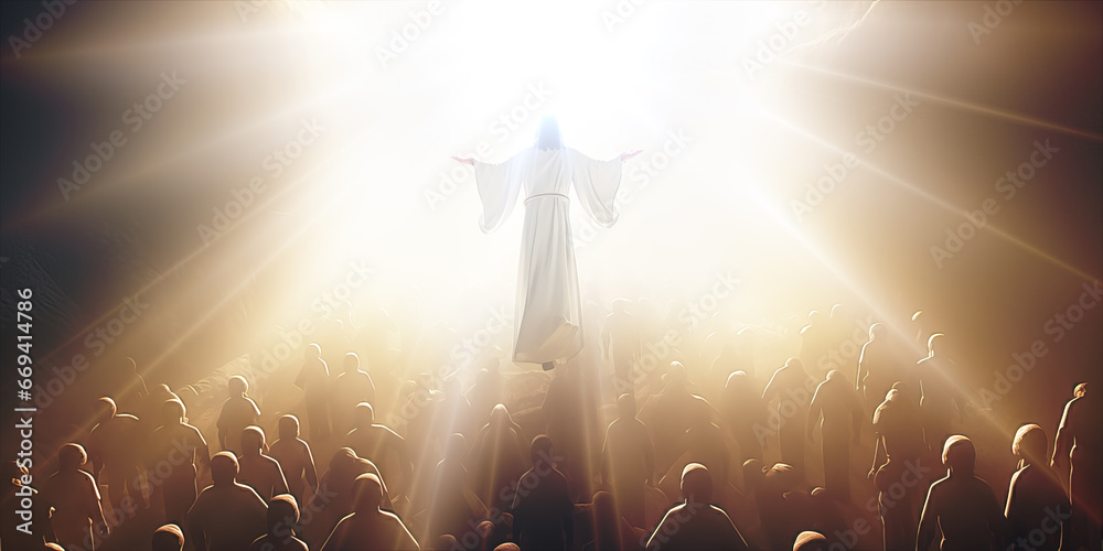 Jesus Christ, the saviour, rising, ascending with bright, shining ...