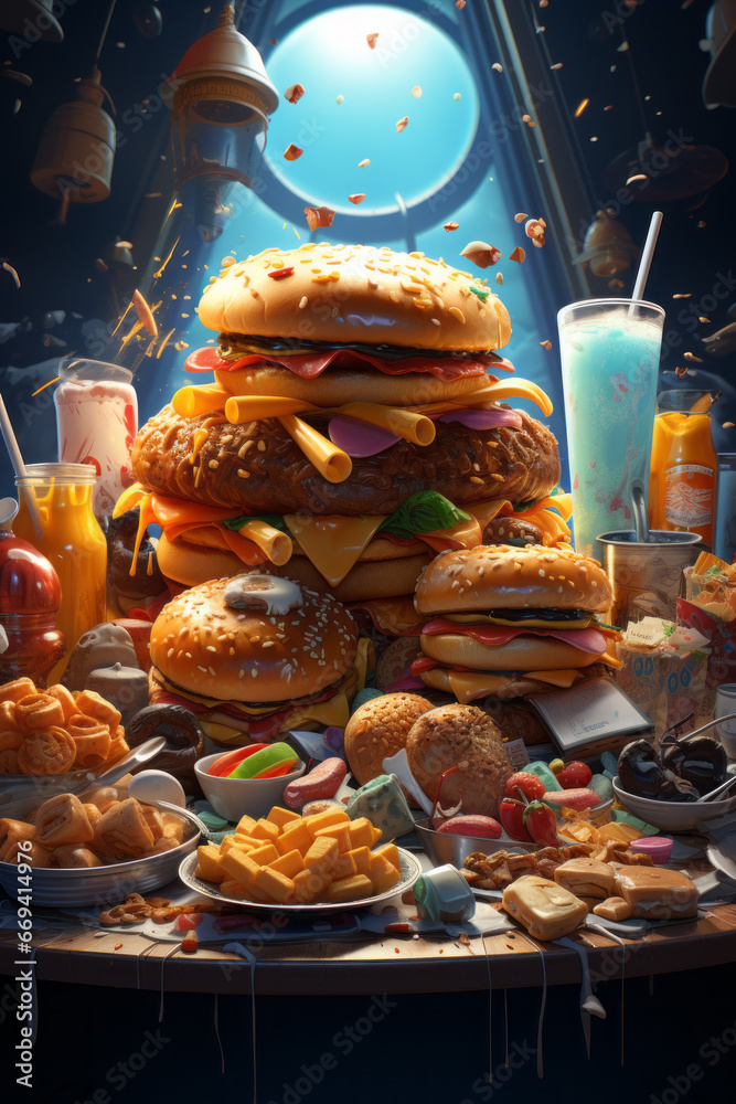 Various unhealthy junk food, chips, burgers, pizza, and sugary snacks ...