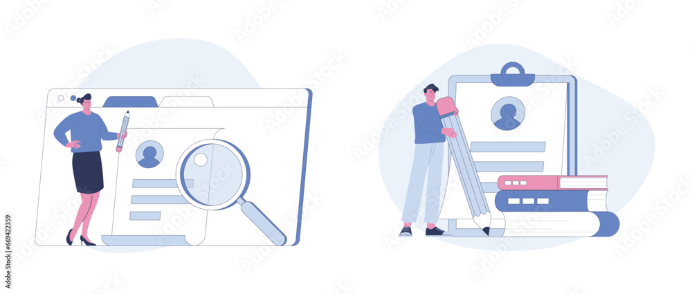 Job Application and Resume Writing. Flat Cartoon Vector Illustration ...