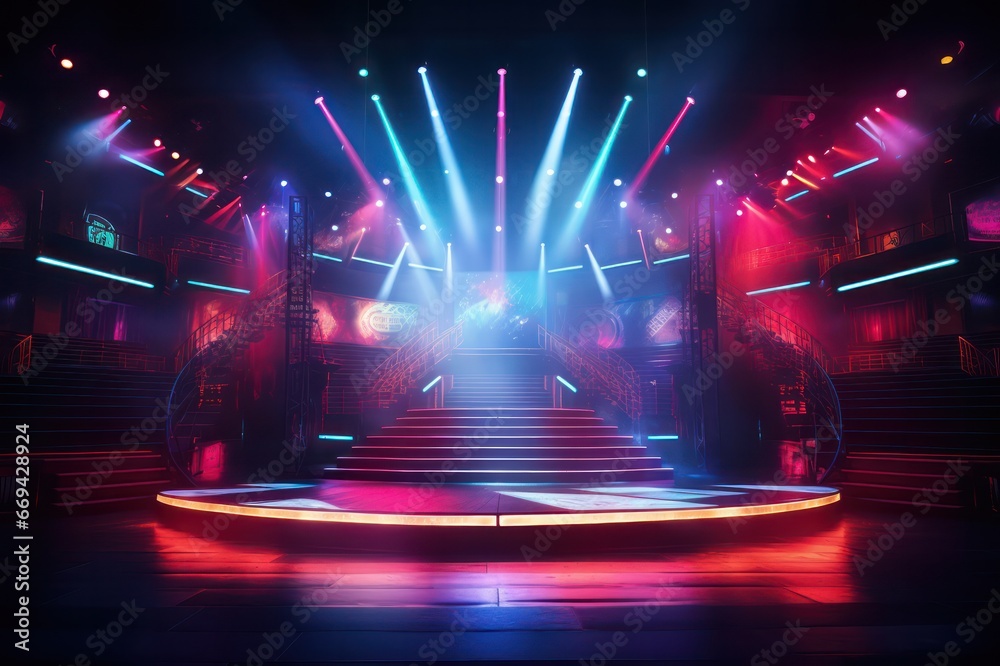 empty live concert stage with staircase music concert with pink, red ...