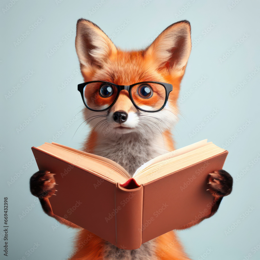 Surprised fox in glasses holding opened book. ai generative Stock ...