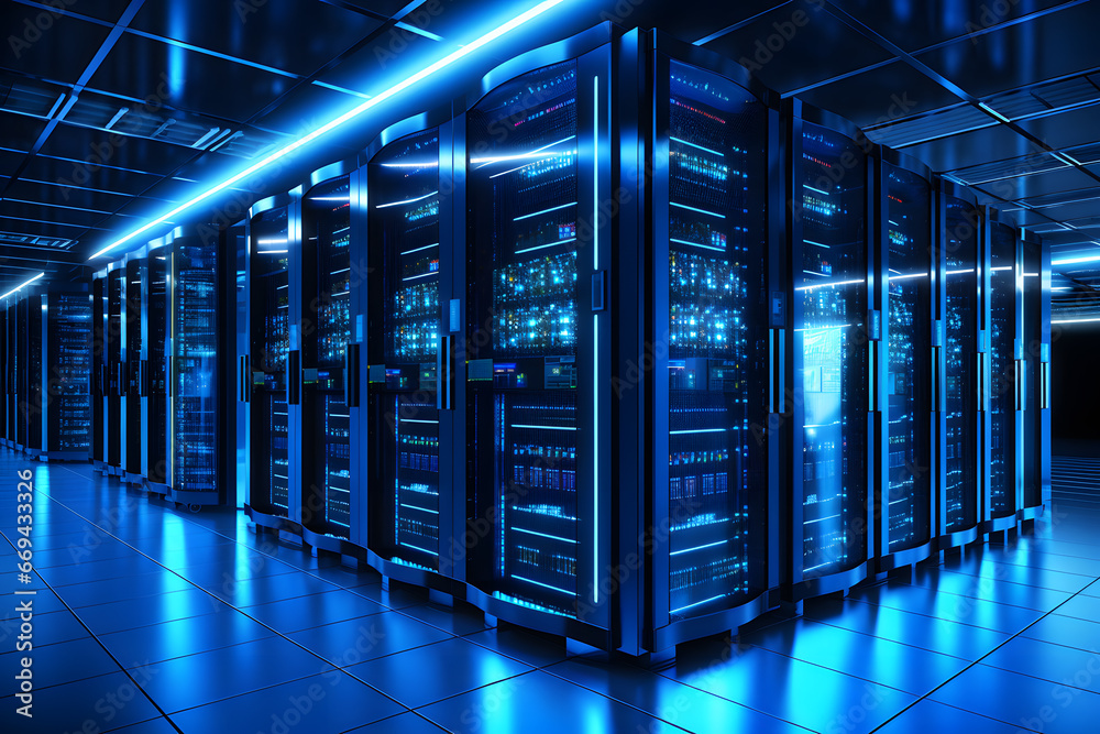 Clean and spacious room with servers. Perfect cable management and ...