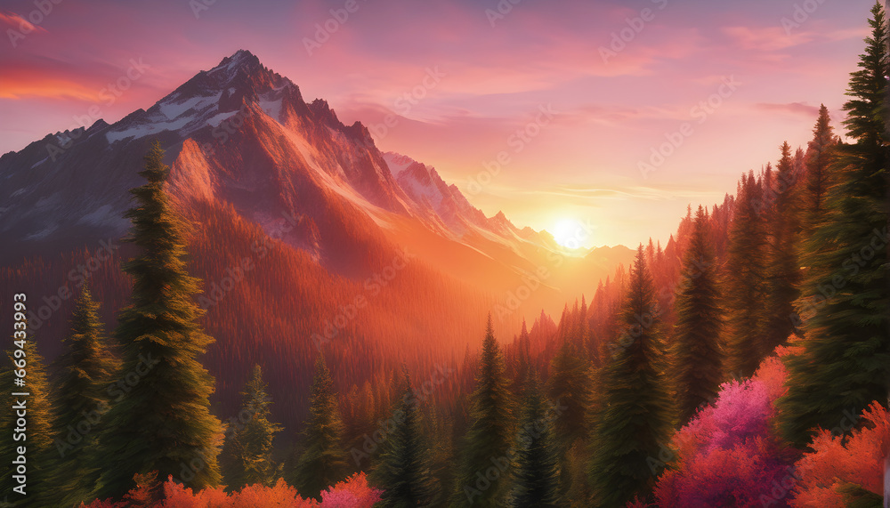A vibrant orange and pink sunrise falling over a majestic mountain ...