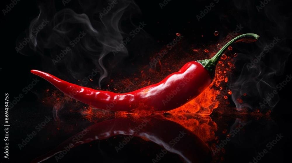 Red hot chili pepper in fire on dark black background. Creative ...