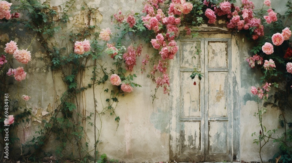 Wallpaper for an old vintage exterior wall with climbing plants, roses ...