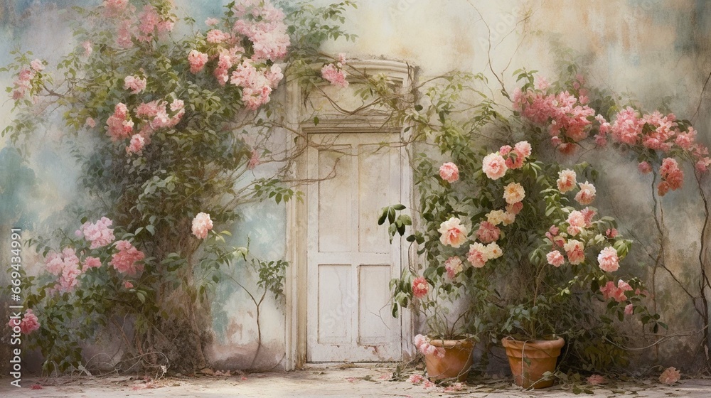 Wallpaper for an old vintage exterior wall with climbing plants, roses ...