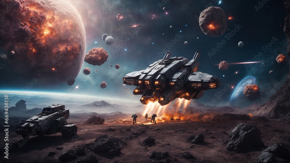 Deep space war: Futuristic spaceships and robotic soldiers battle ...