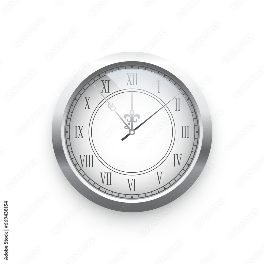Vintage silver clock face, elegant roman numerals clock isolated on white background. Realistic ...