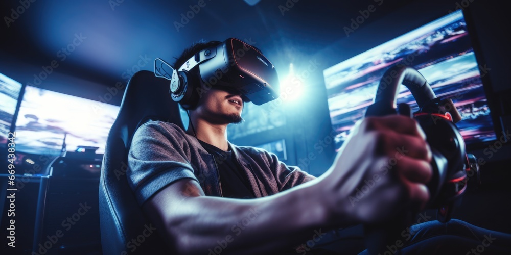 Futuristic simulator seat cockpit, man playing smart video games with ...