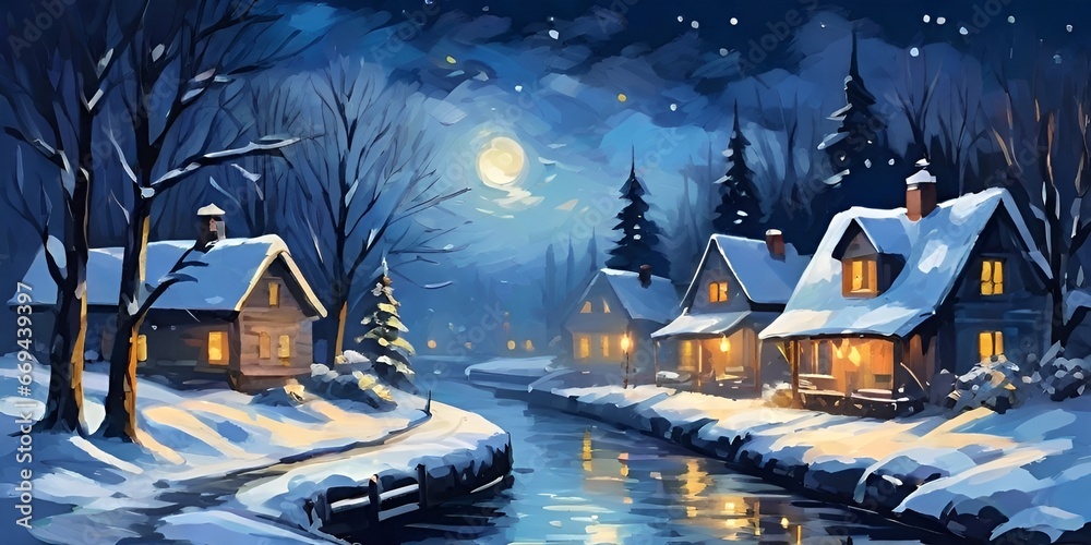 Christmas Night in Village. Snow Man, Ice Mountain, Snow Houses.Concept ...