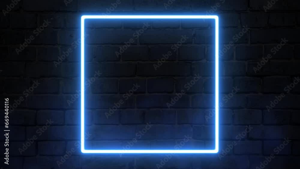 Square neon frame blue color at dark brick wall background. Glowing ...