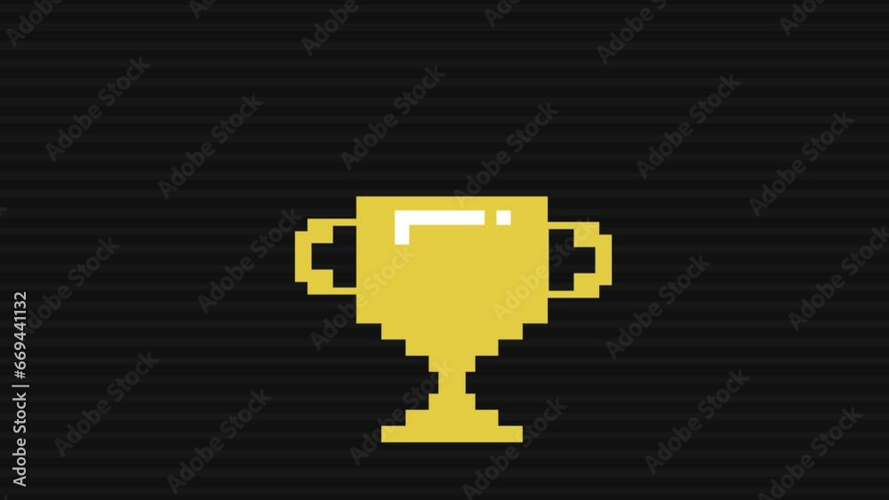 Pixel art 8-bit You Win text with one big winner golden cup on white ...