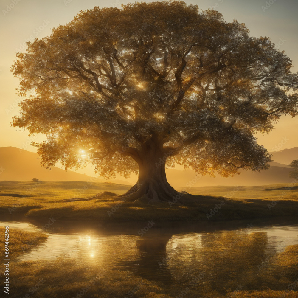 tree of life made of gold shadowing the silver moo background Stock ...