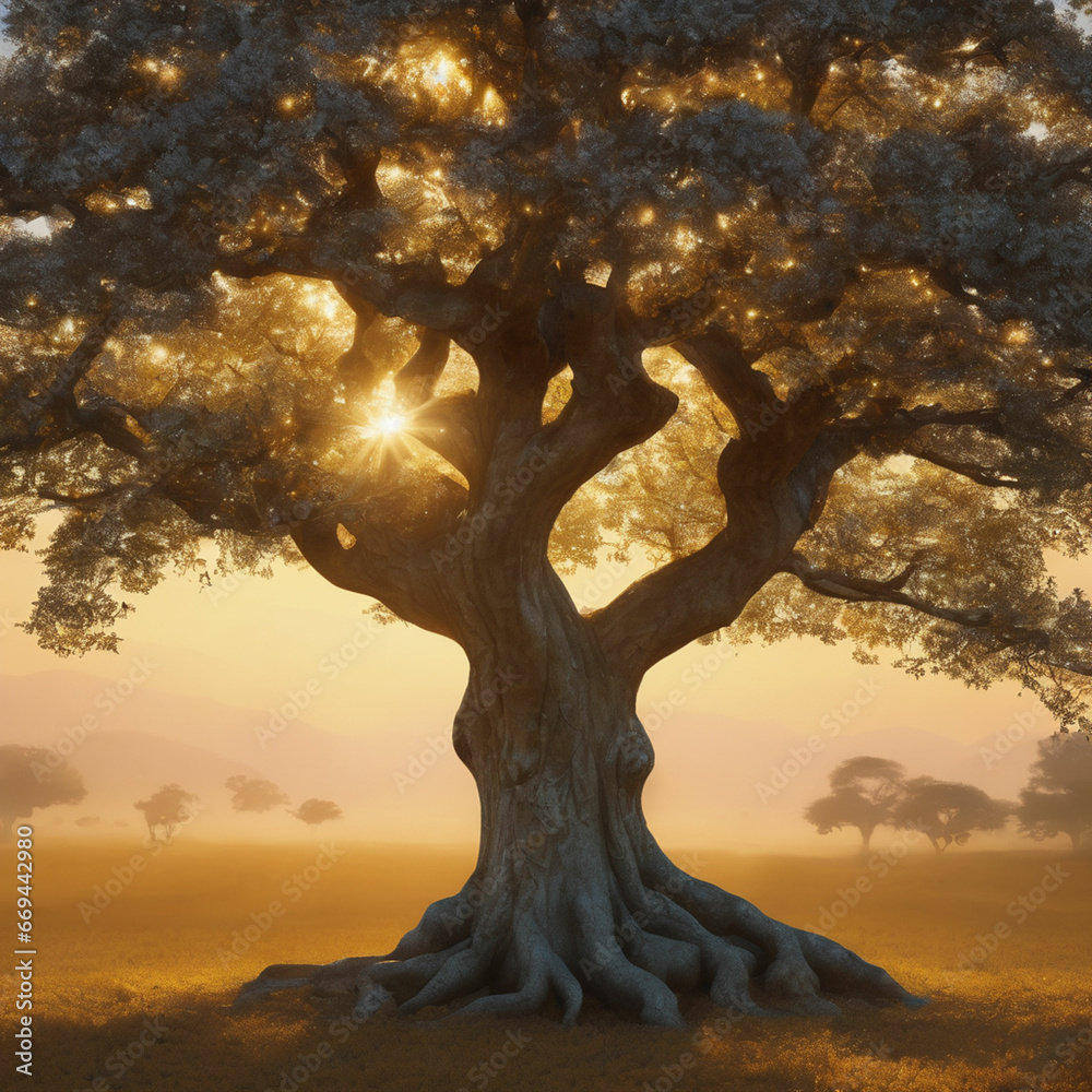 tree of life made of gold shadowing the silver moo background Stock ...