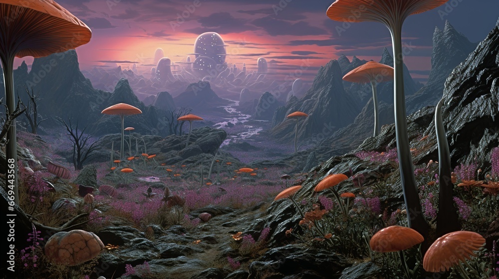 Extraterrestrial lifeforms in an alien flora and fauna landscape with ...