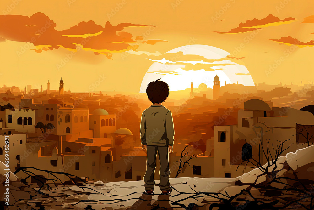 Generative AI illustration of a sad and crying Palestinian boy Stock ...