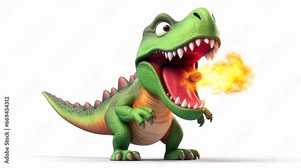 Surreal 3D: green cartoon tyrannosaurus rex with flames coming out of ...