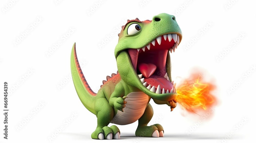 Surreal 3D: green cartoon tyrannosaurus rex with flames coming out of ...