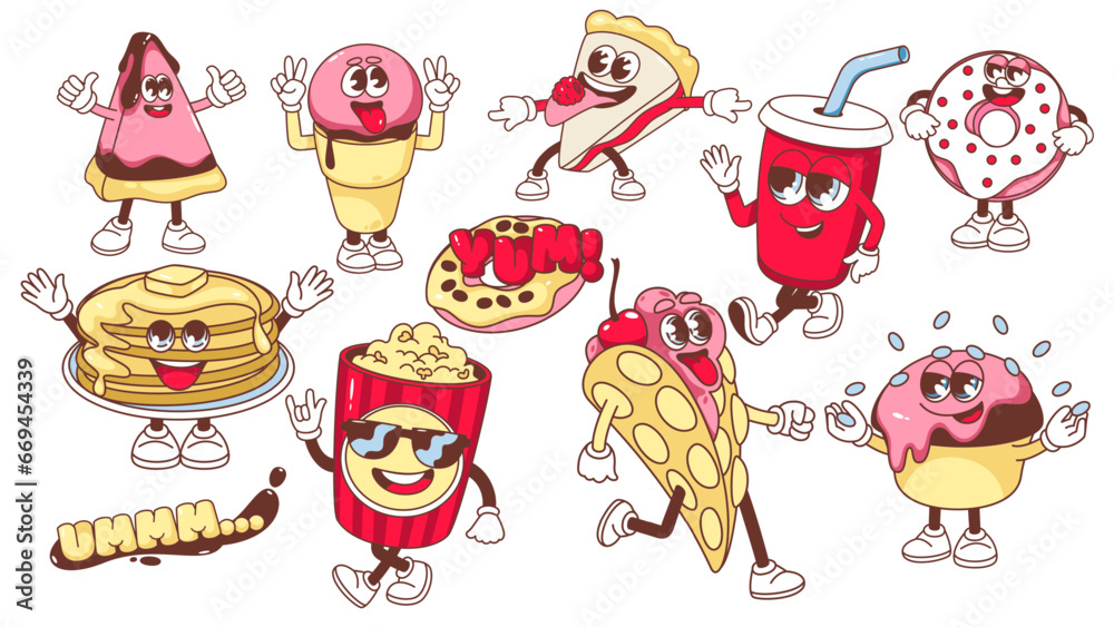 Groovy fast food and drink characters set vector illustration. Cartoon ...