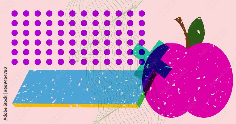 Risograph apple geometric shapes animation. Moving fruit and object in ...