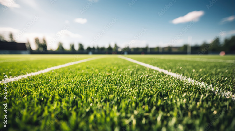 soccer field with green grass in stadium, low view Stock Photo | Adobe ...