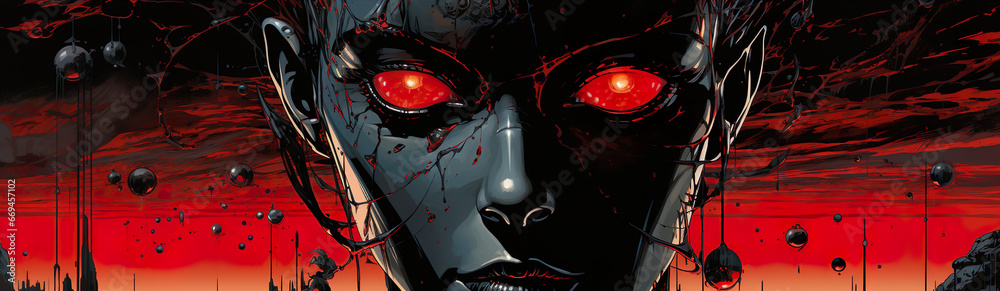 The Face Of A Futuristic Zombie Robot On A Bloody Background ...