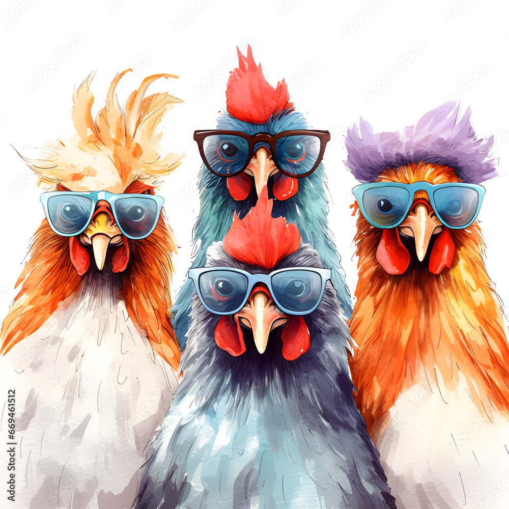 Funny group of hens, chicken, PNG, hen with sunglasses isolated on ...
