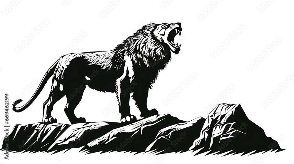 Roaring lion on a hill, rock, vector illustration isolated on white ...