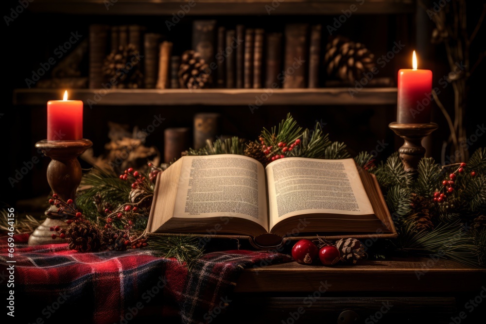 An Open Bible on a Wooden Table, Illuminated by Candlelight, Revealing ...