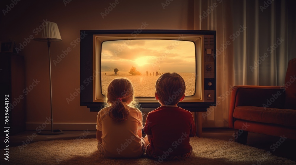 Two kids boy and girl sitting on a floor and watching retro television ...